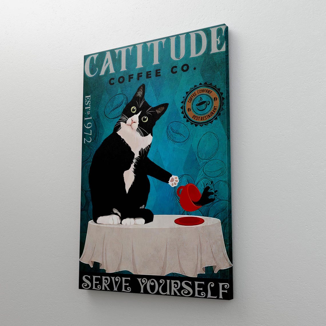 Tuxedo Cat Poster, Catitude Coffee Co.serve Yourself Poster, Cat Poster ...