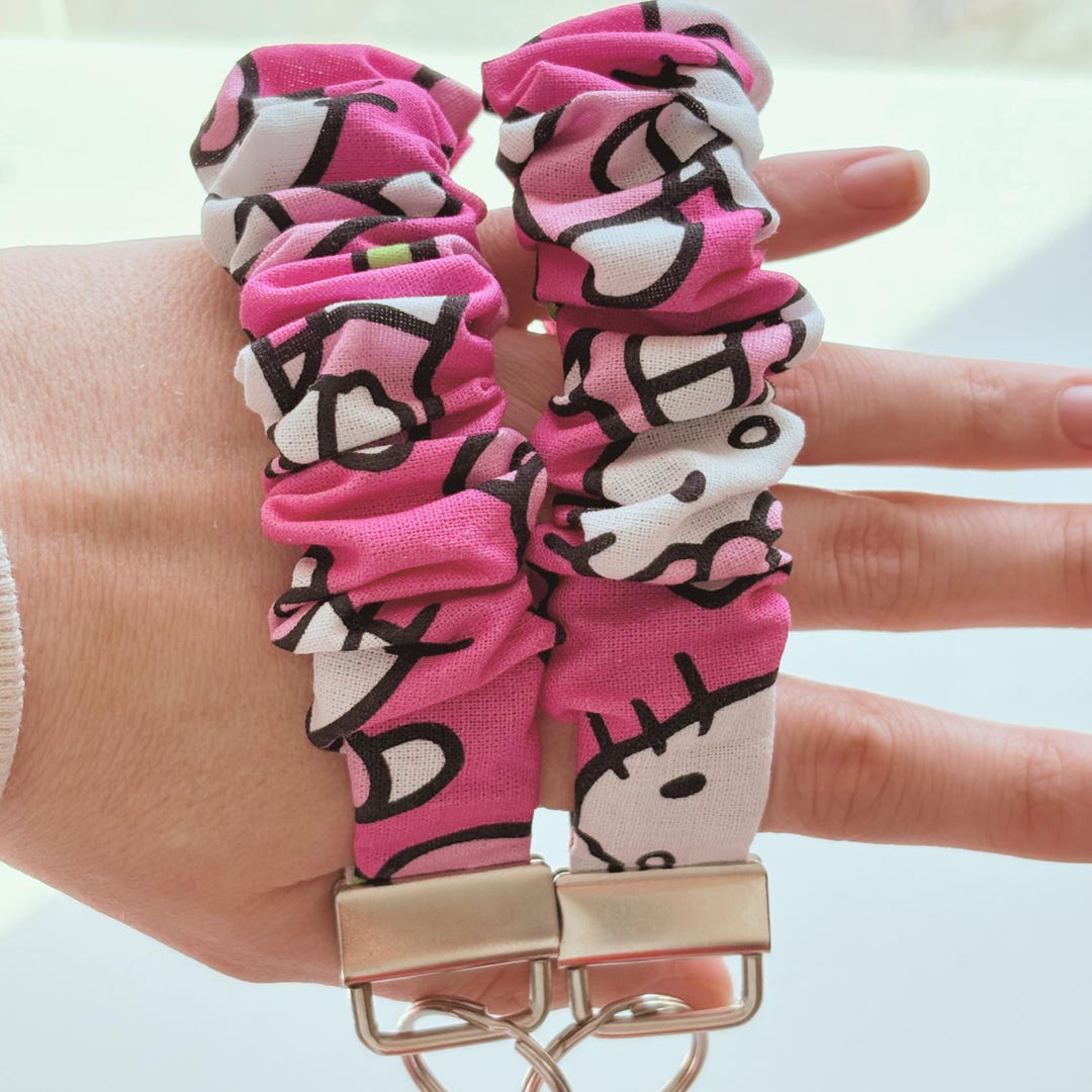 Hello Kitty Scrunchie Wristlet Keychain: Pink & White Fabric Key Fob - Etsy