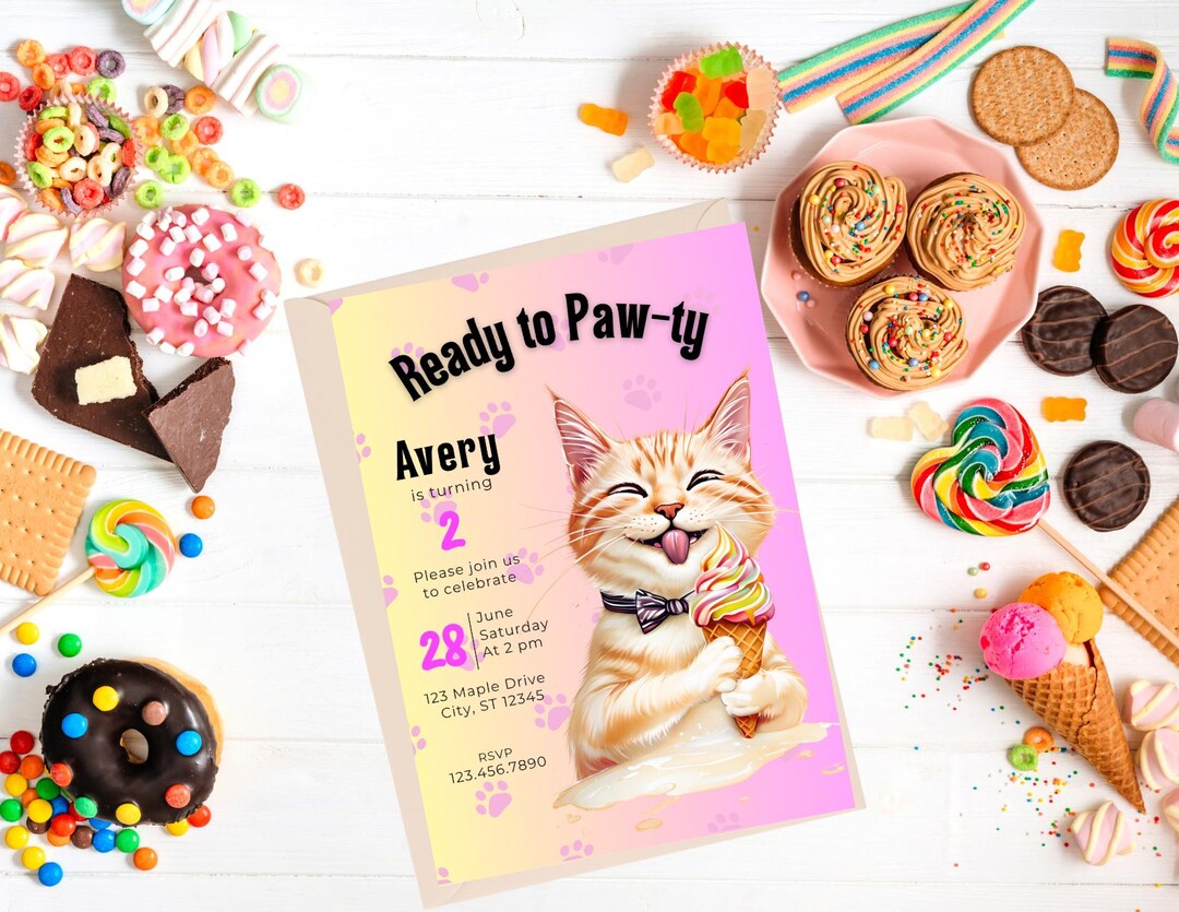 Cat Birthday Invitation, Printable Cat Party Invite, Made-to-order ...