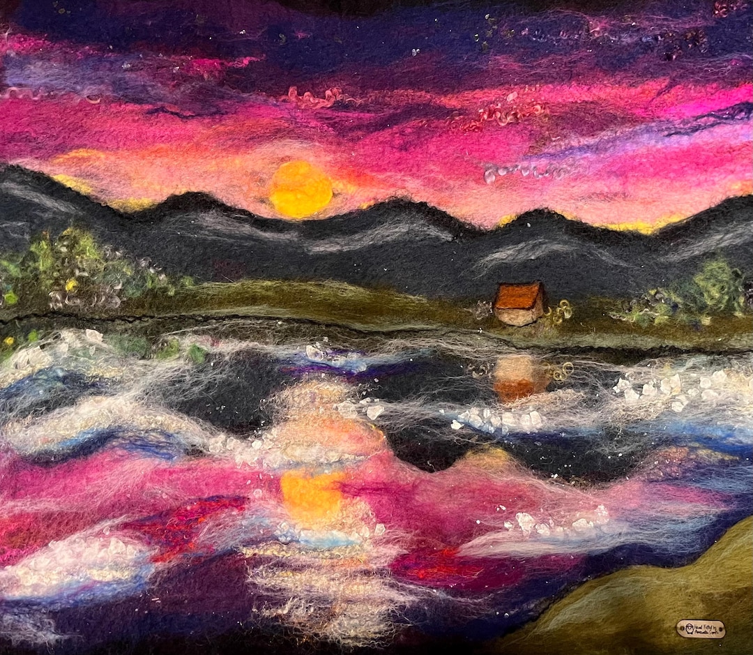 Wet Felted Sunset Fiber Art: Handmade Mountain Lake Landscape - Etsy