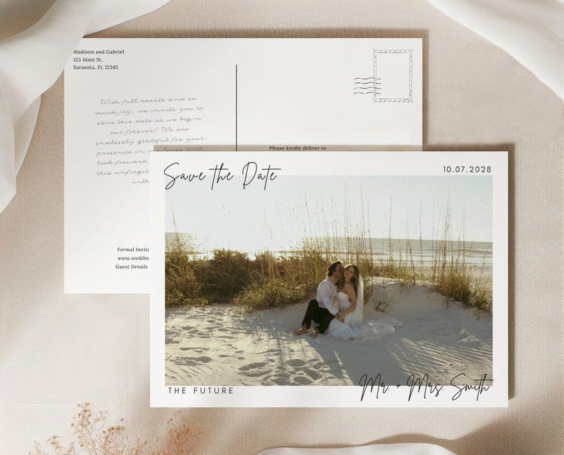 Modern Minimalist Photo Save the Date Postcard, Editable Canva Wedding ...