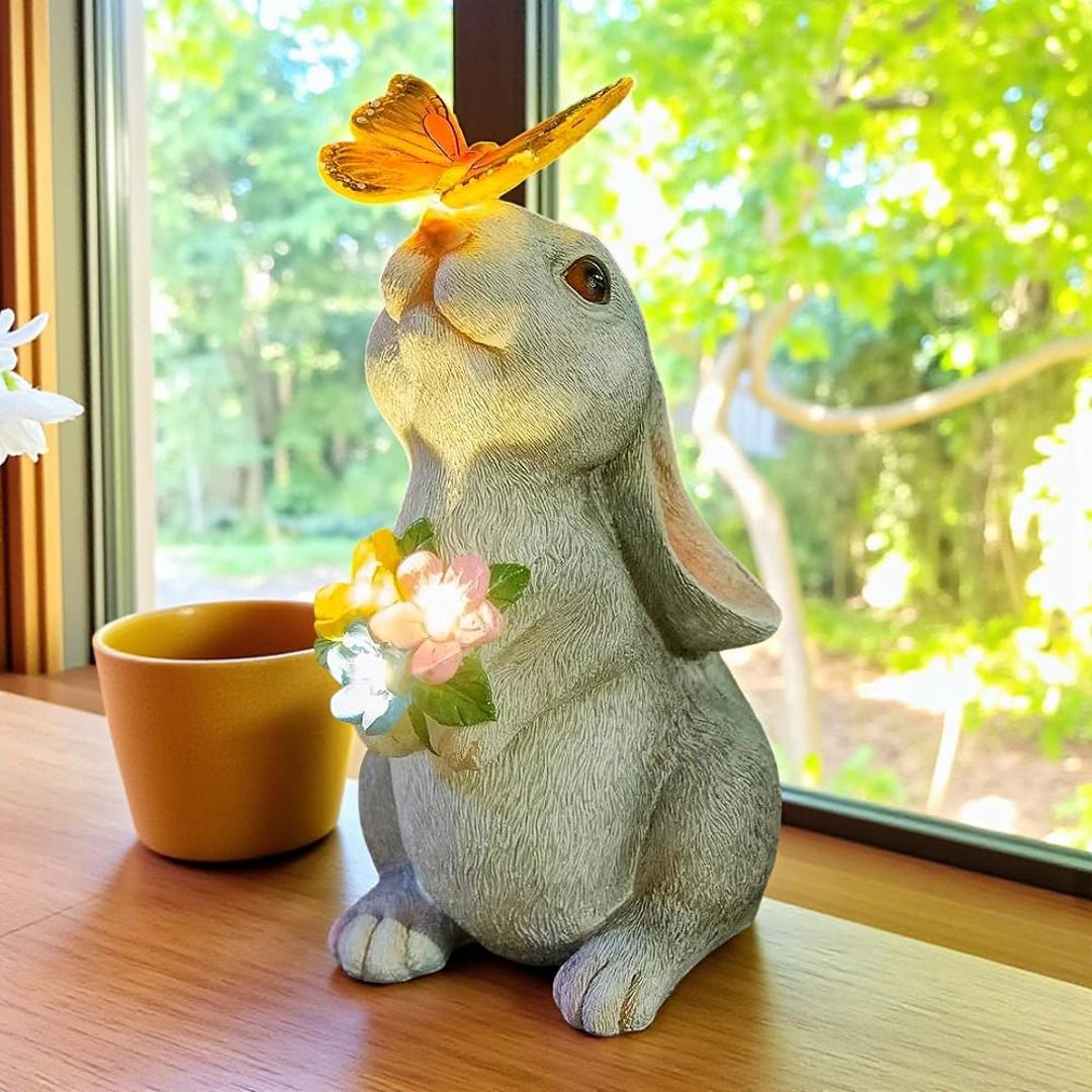 Solar Bunny Garden Statue: LED Butterfly, Resin Figurine - Etsy Australia