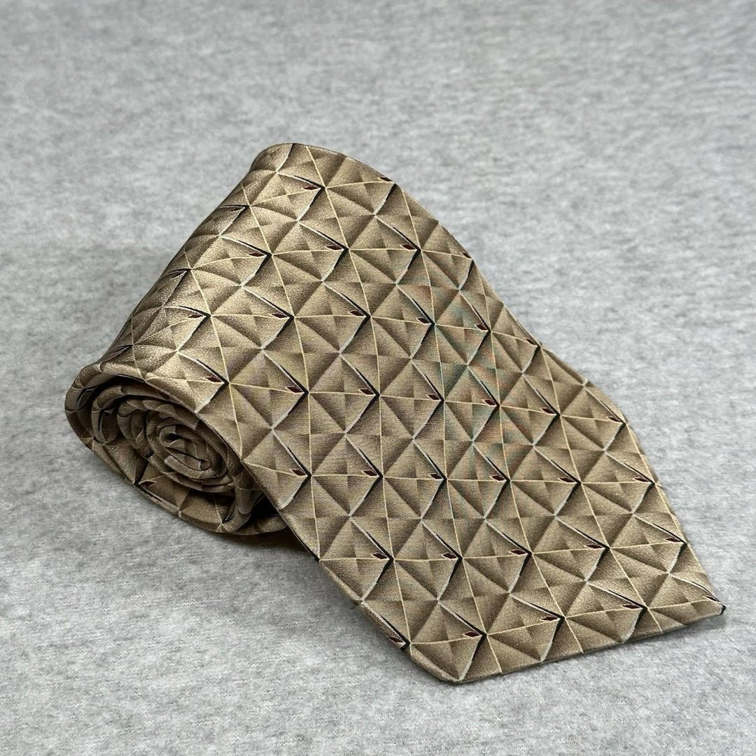 Bill Blass Black Label Necktie 100% Silk Geometric Pattern Gold Beige ...