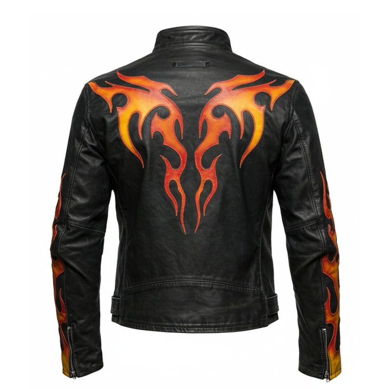 Men's Fire Flame Sheepskin Leather Biker Jacket | Made to Order - Etsy