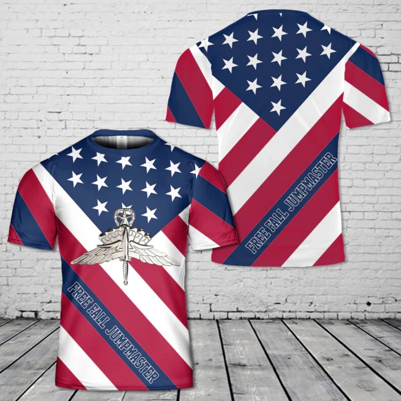 Free Fall Jumpmaster Shirt American Flag Military Parachute Wings Tee ...