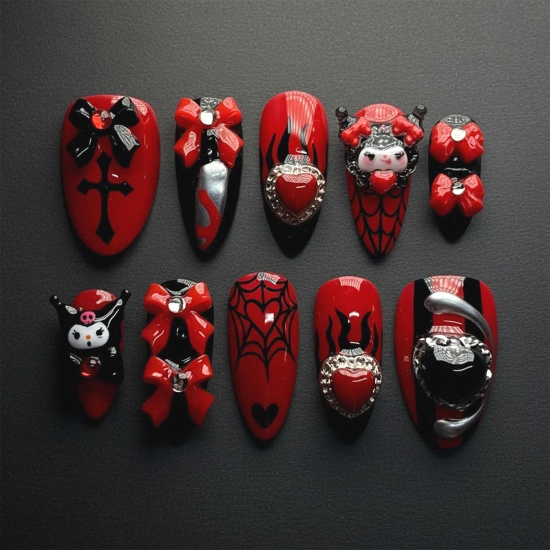 Gothic Kuromi Press on Nails | Red Black 3D Spider Web Nail Art | Punk ...