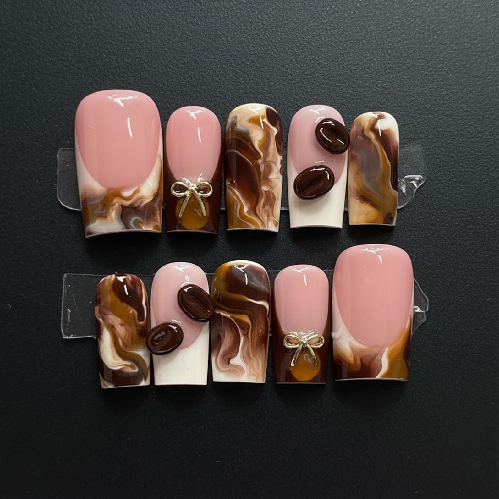 Coffee Latte Marble Press on Nails | Brown & Cream Swirl Nail Art | 3D ...