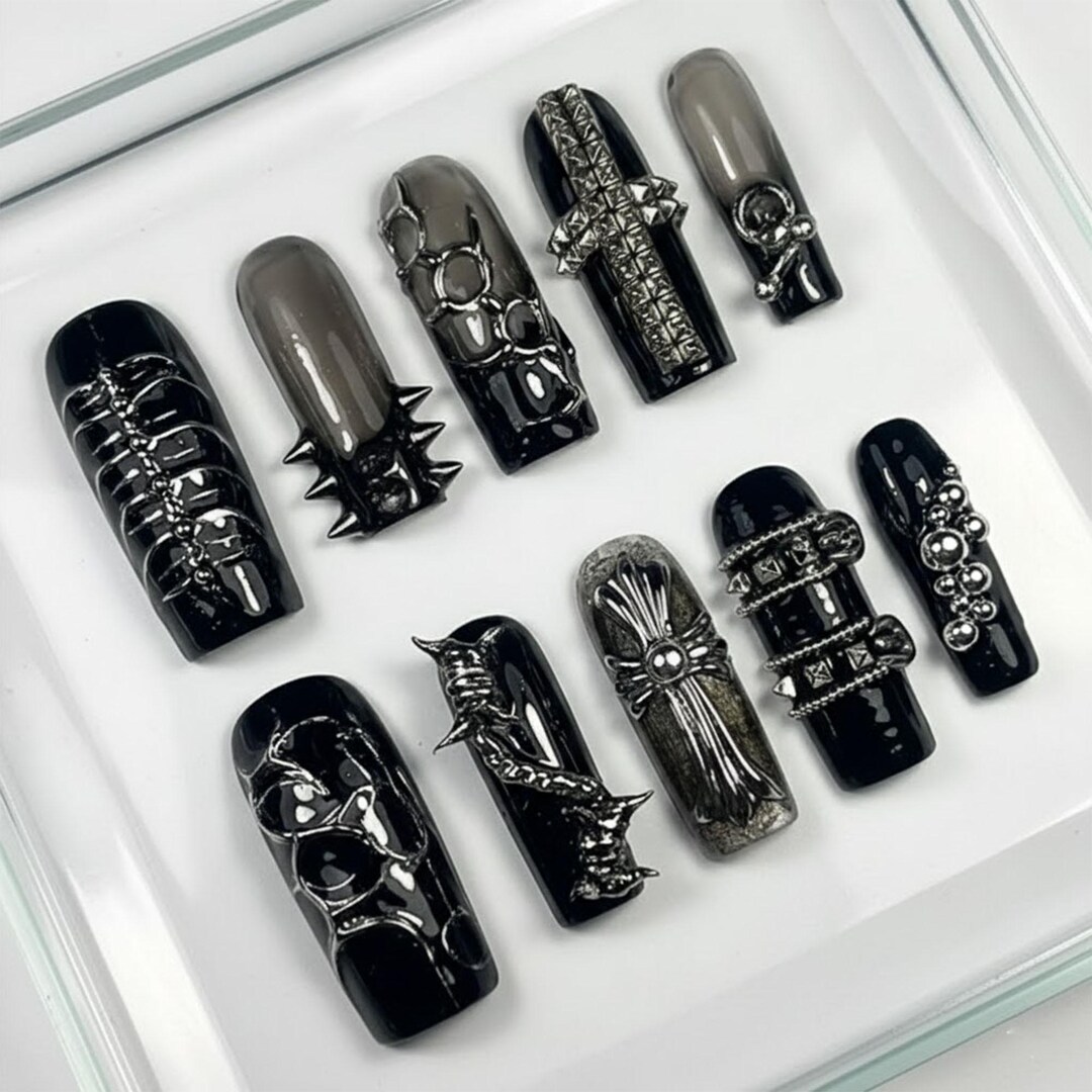 Handmade Gothic Punk Press on Nails | Black Chrome Chains & Spikes Art ...