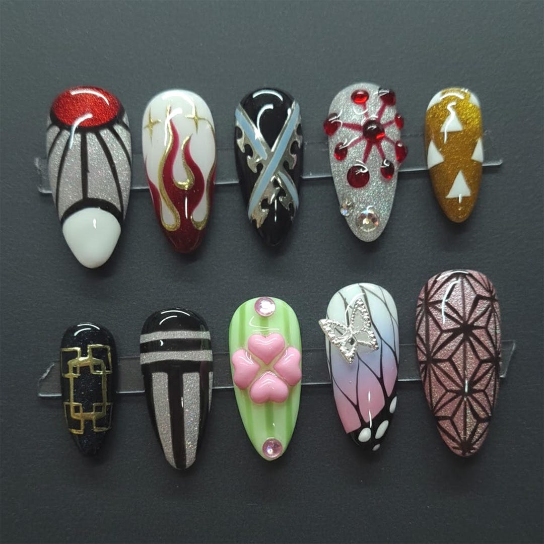 Demon Slayer Inspired Nail Set | Gothic Glam Gel Nails | Kimetsu Style ...