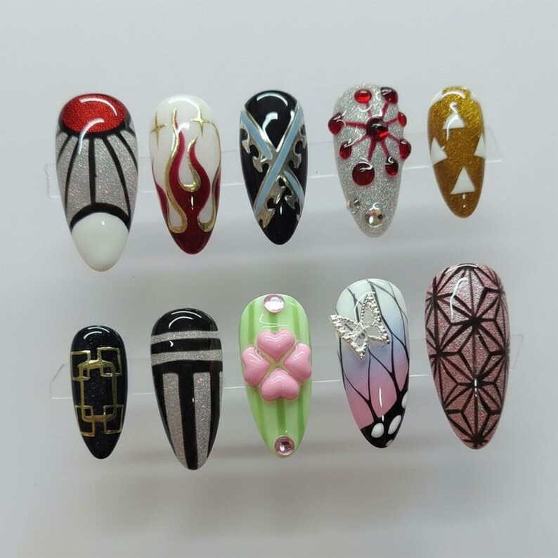 Demon Slayer Inspired Nail Set | Gothic Glam Gel Nails | Kimetsu Style ...