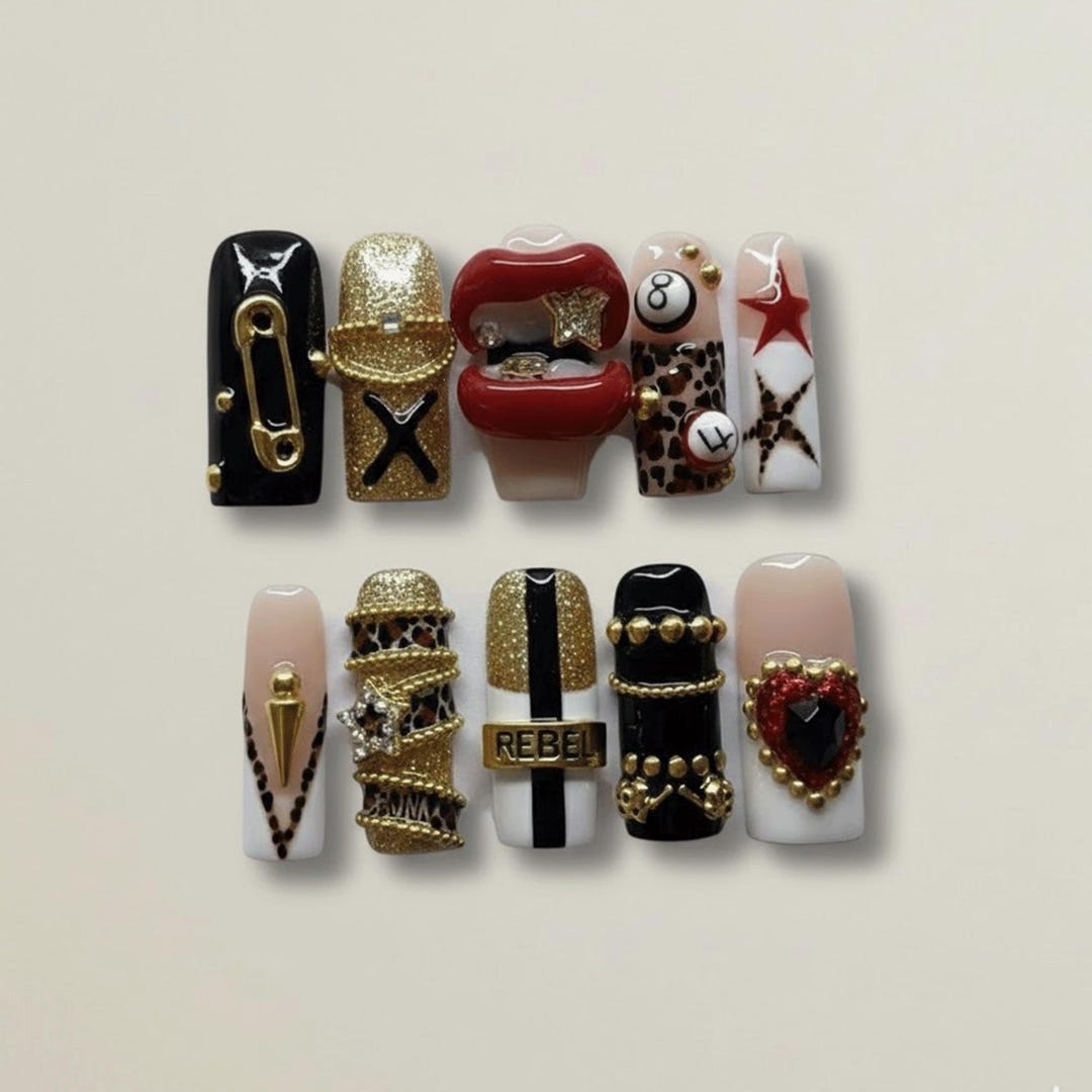 Handmade Gothic Rebel Press on Nails | 3D Lips, Gold Studs, Leopard Art ...