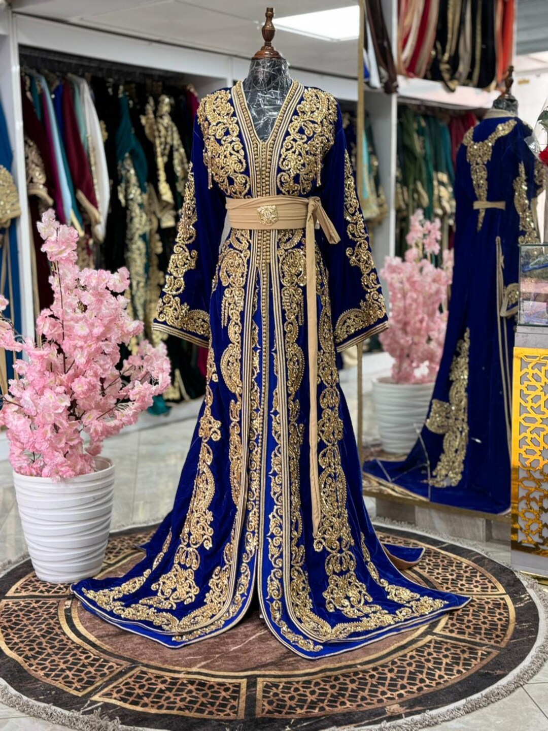 Royal Blue Moroccan Takchita – Gold Embroidered Silk & Crepe Kaftan ...