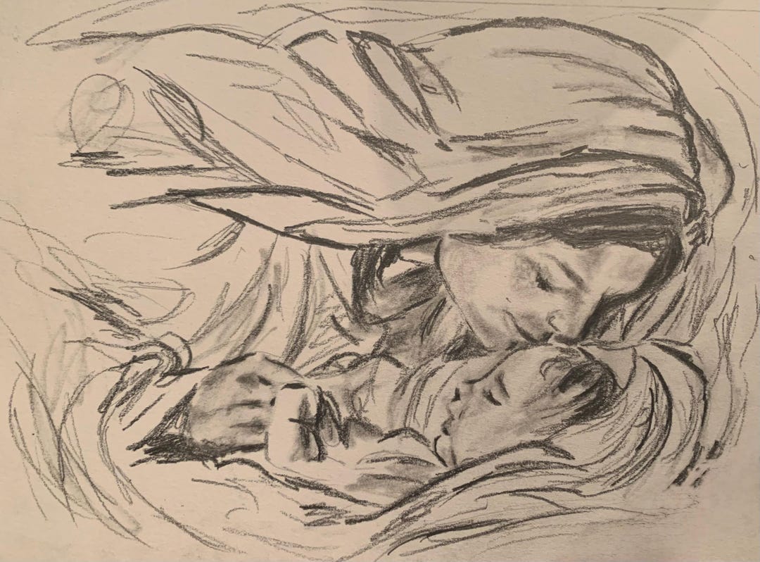 Mary & Jesus Drawing (large Notecard Size) - Etsy