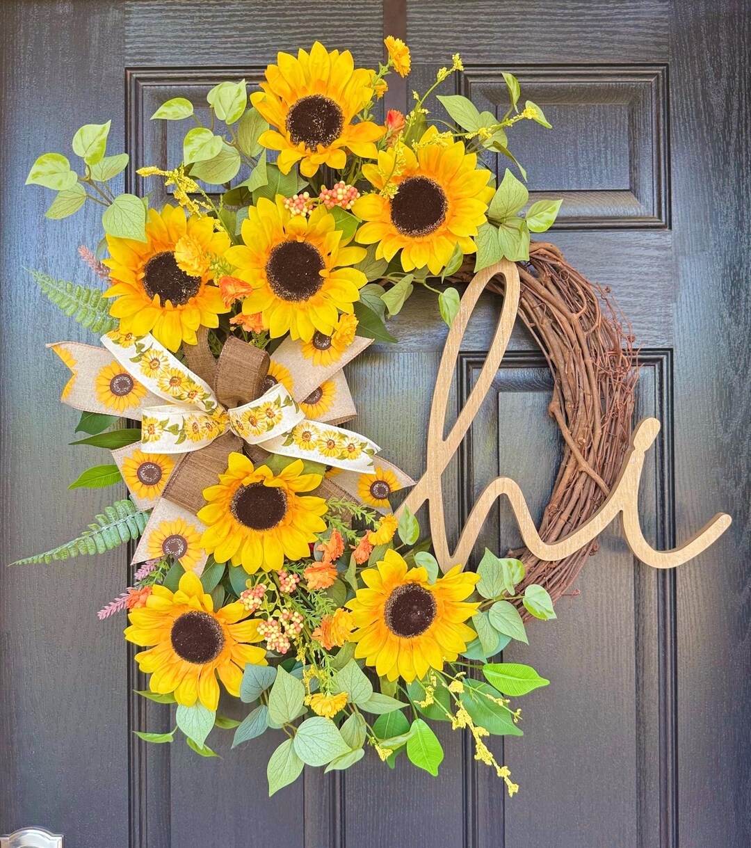 Farmhouse Sunflower Wreath, Summer Door Decor, Wooden "hi" Sign - Etsy