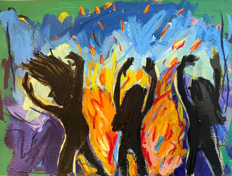 Solstice Dance Painting, Whimsical Fire Art, Expressionist Home Decor ...