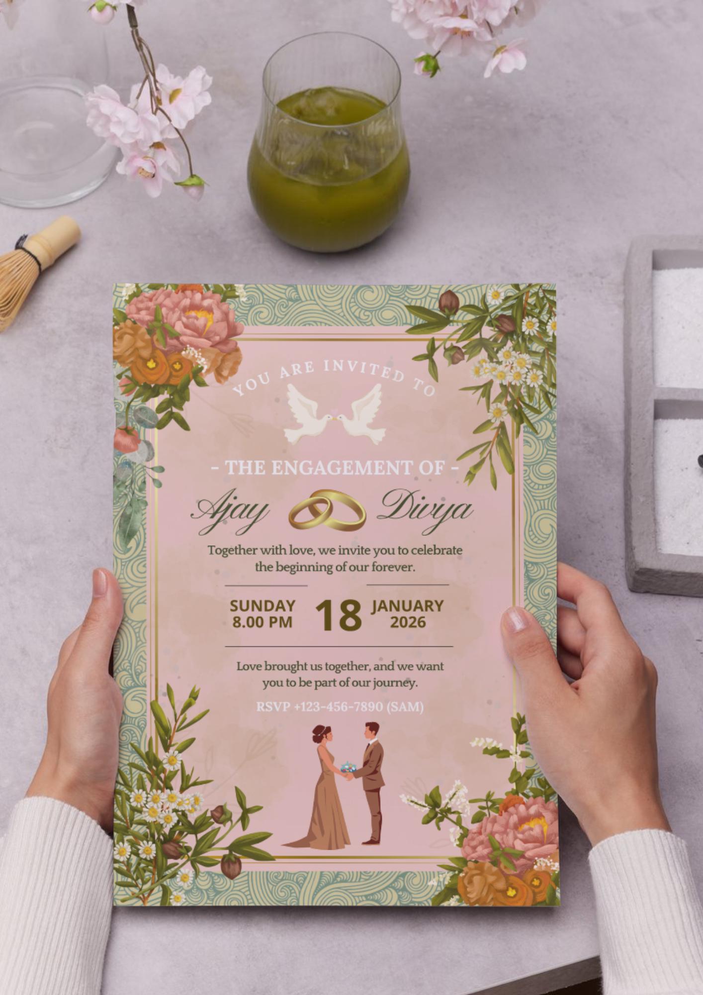 Elegant Engagement Invitation Template, Floral Design (digital Download ...