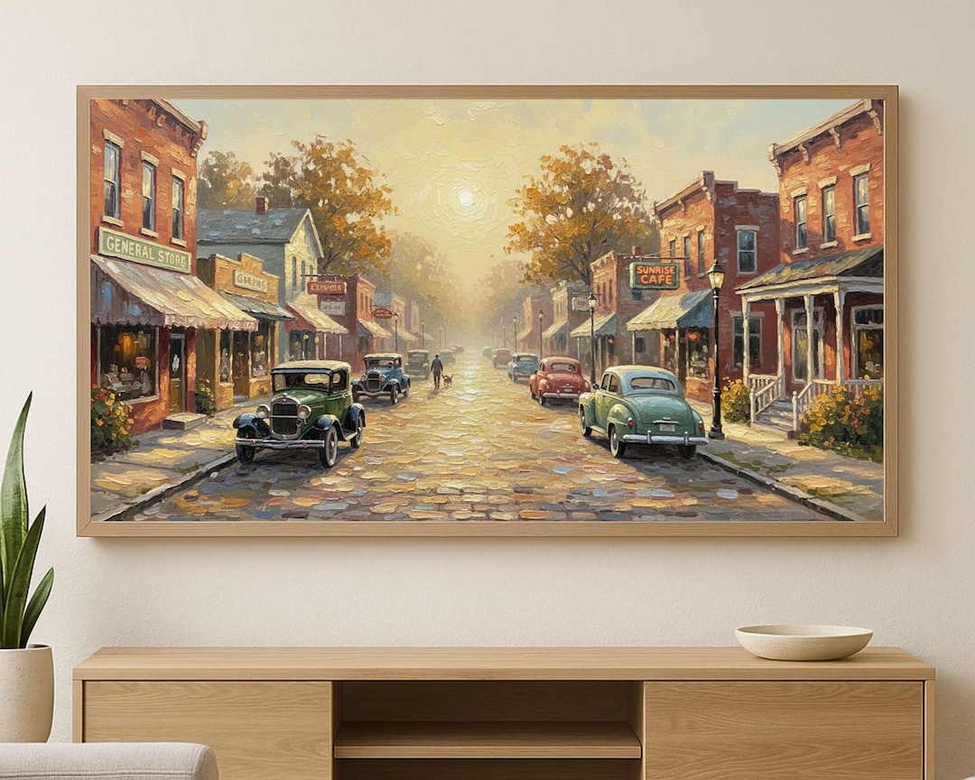 Vintage Town Street Oil Painting – Nostalgic Morning Scene TV Art (16:9 ...