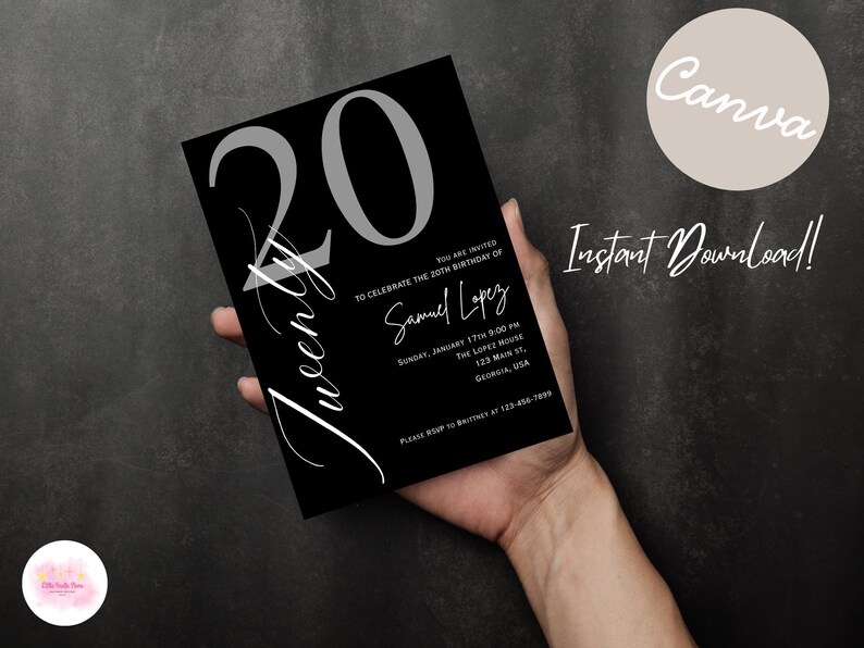 20th Birthday Invitation Template | Black & Silver (digital Download ...