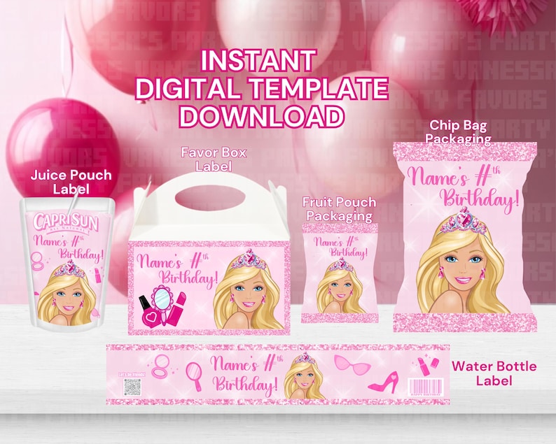 Editable Barbie Party Favor Templates: Chip Bags, Gable Boxes (PDF ...