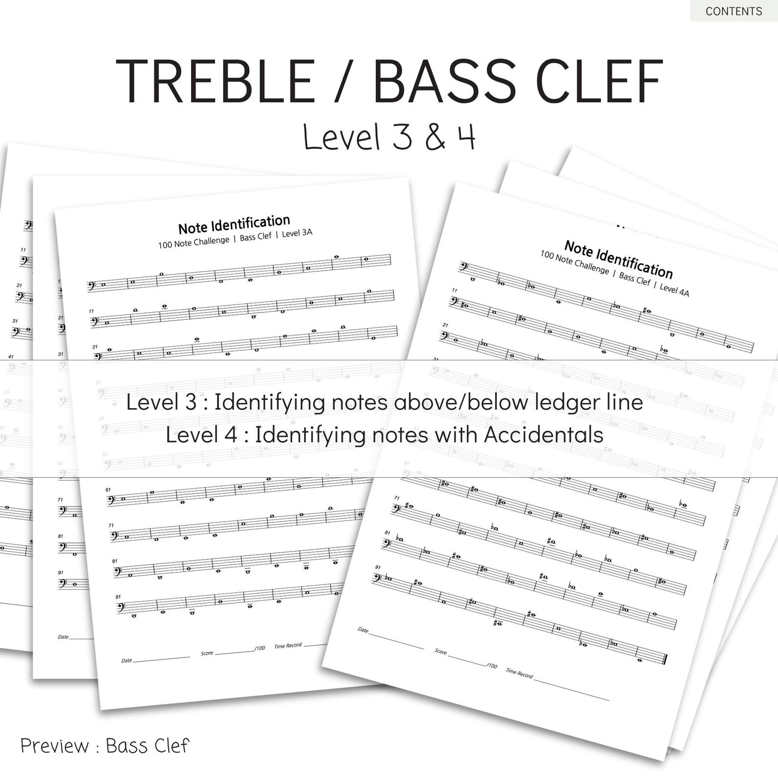 Music Theory Worksheets: Treble, Bass Clef Note Identification (PDF ...
