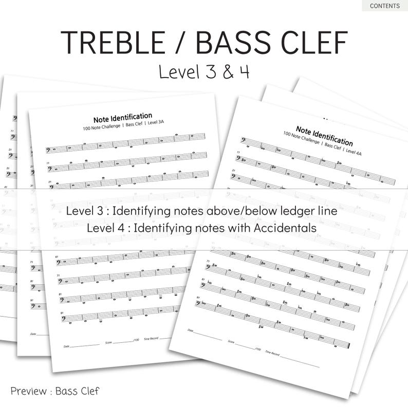 Music Theory Worksheets: Treble, Bass Clef Note Identification (PDF ...