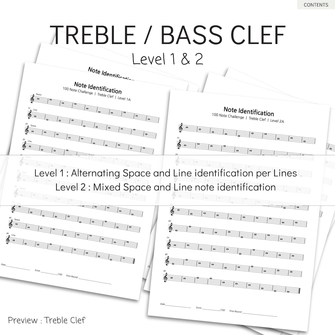 Music Theory Worksheets: Treble, Bass Clef Note Identification (PDF ...