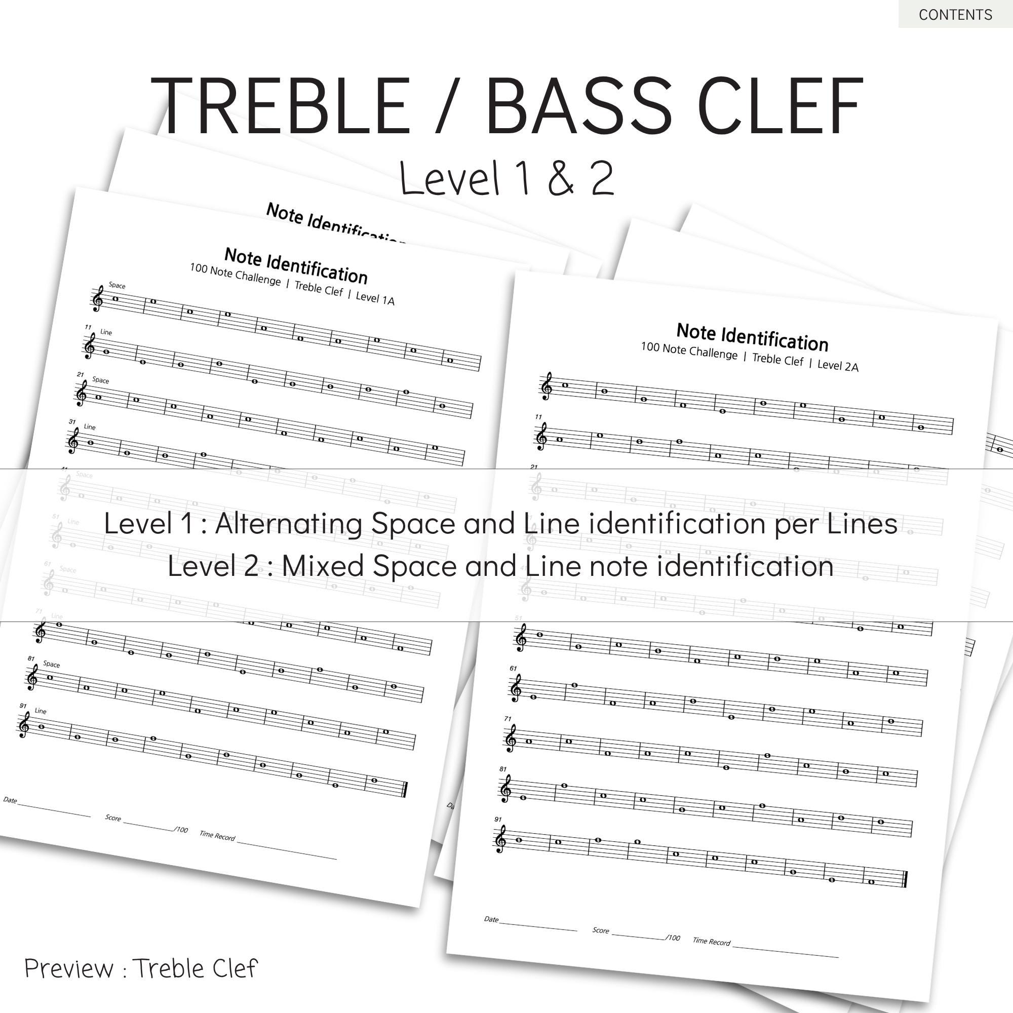 Music Theory Worksheets: Treble, Bass Clef Note Identification (PDF ...