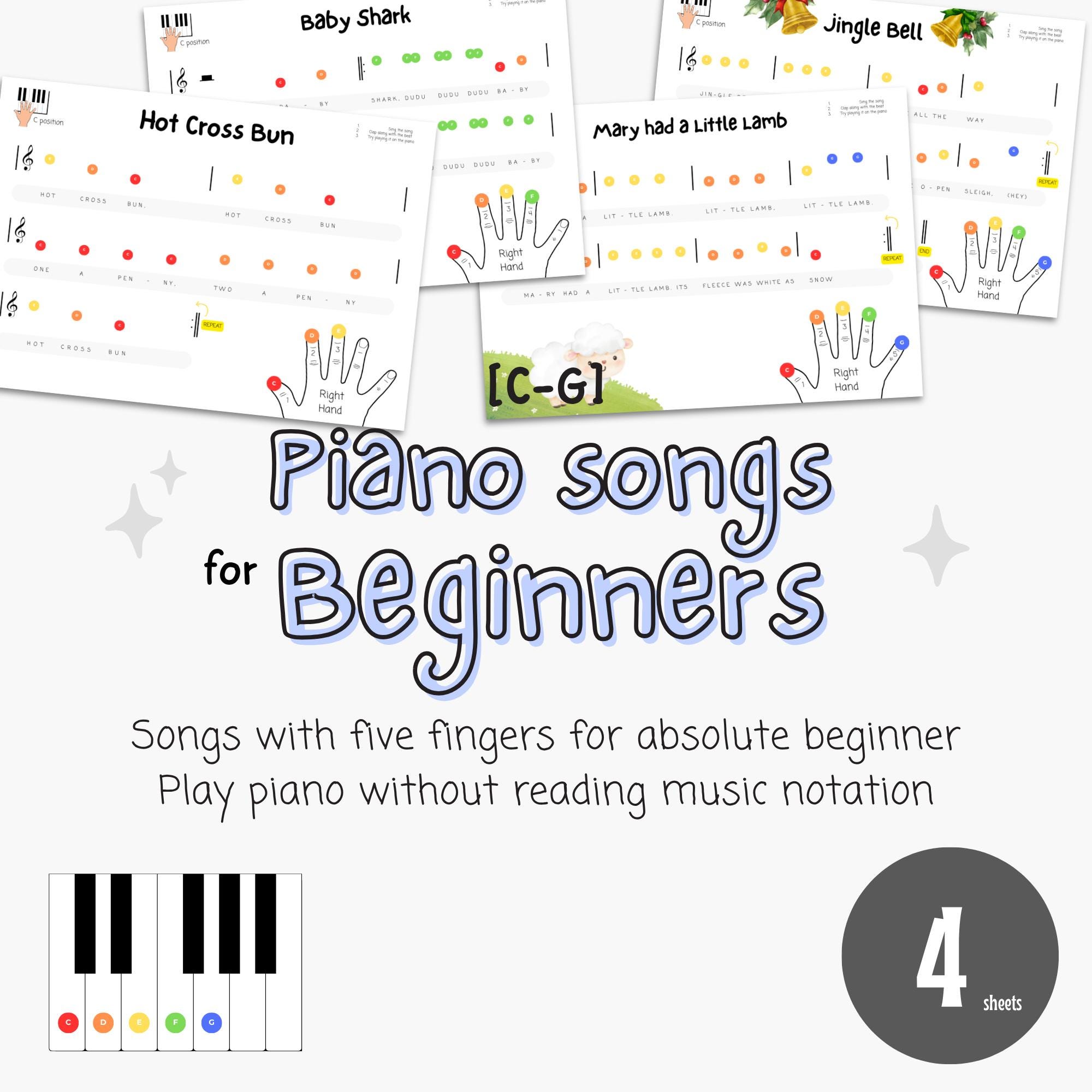 Easy Piano Sheet Music for Kids: Color Coded Alphabet (digital Download ...