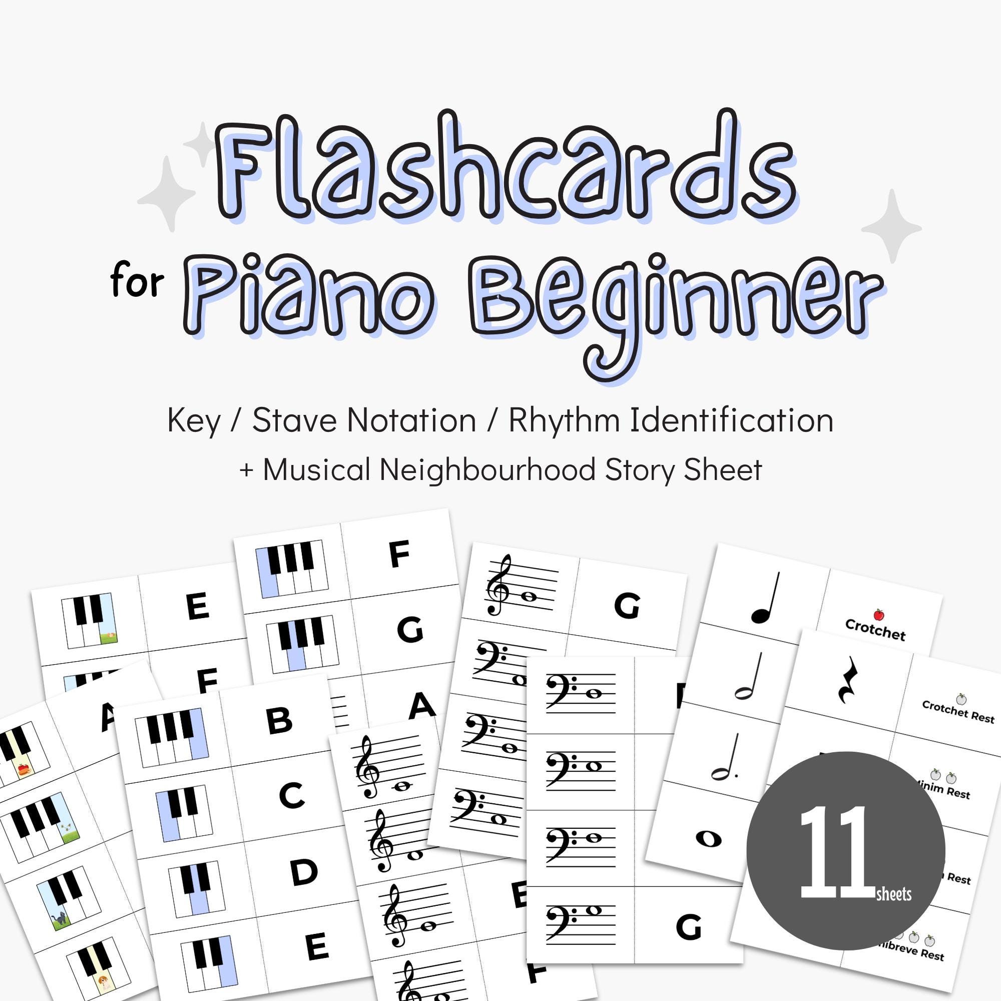 Piano Flashcards for Beginners: Music Note & Rhythm Learning (printable ...