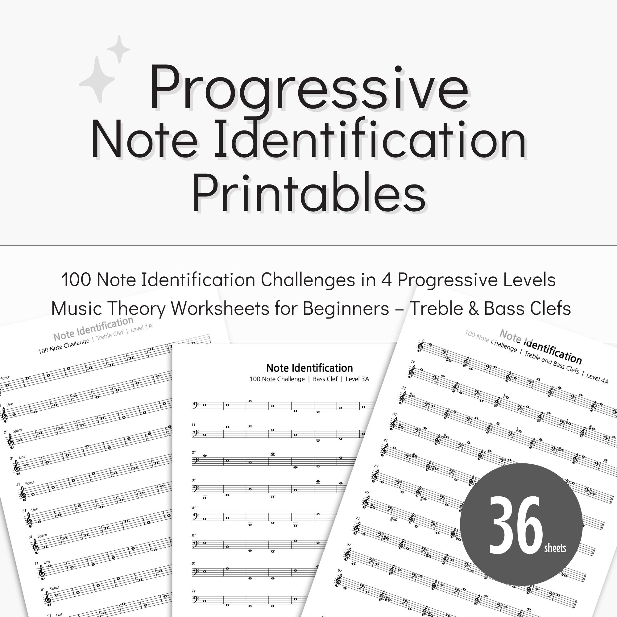 Music Theory Worksheets: Treble, Bass Clef Note Identification (PDF ...