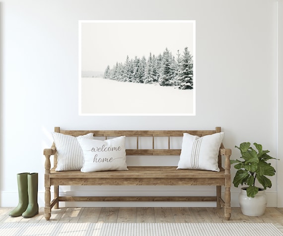 Black and White Snow Scene Print Large Winter Wall Art Pines | Etsy