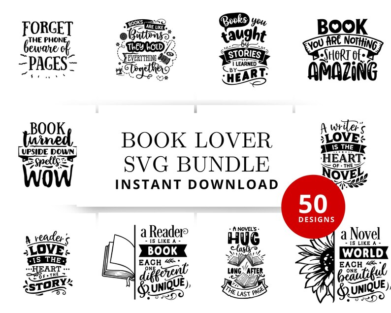 50 Book Lover SVG Bundle, Reader Librarian Cricut Cut File (digital ...