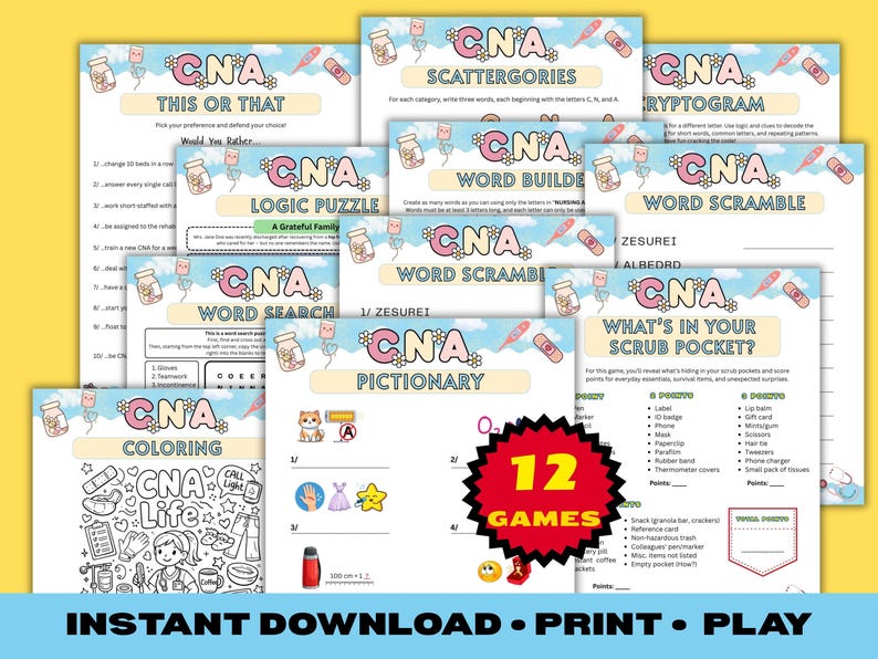 CNA Week Games Bundle | 12 Printable Nursing Assistant Activity Pack ...