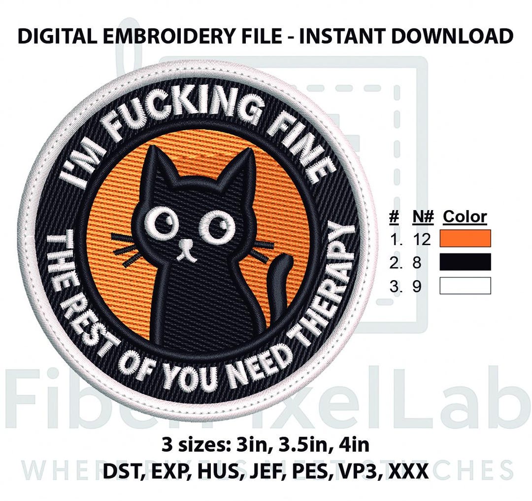Sarcastic Black Cat I'm Fine Embroidery Design – Instant Download - Etsy