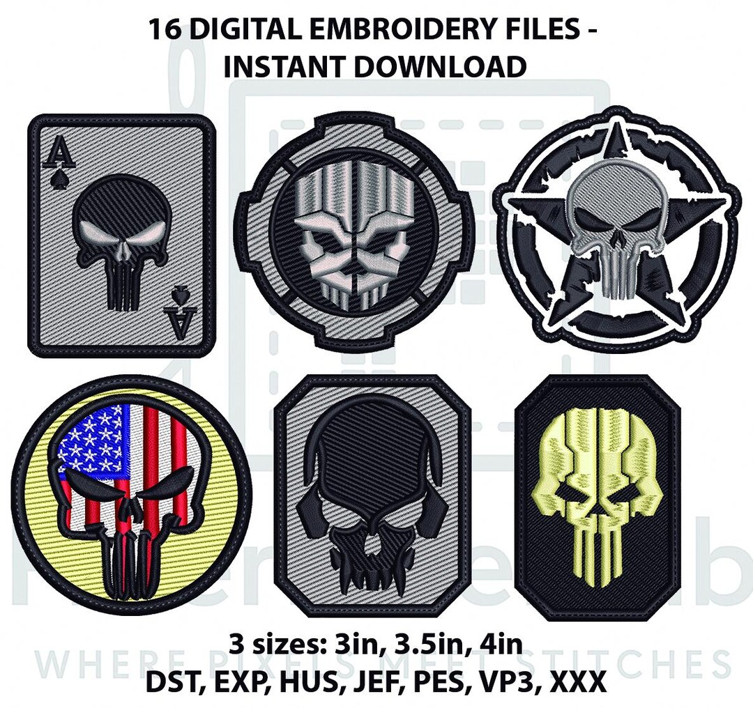 Skull Patch Embroidery Designs: Tactical Goth Badge Set (digital ...