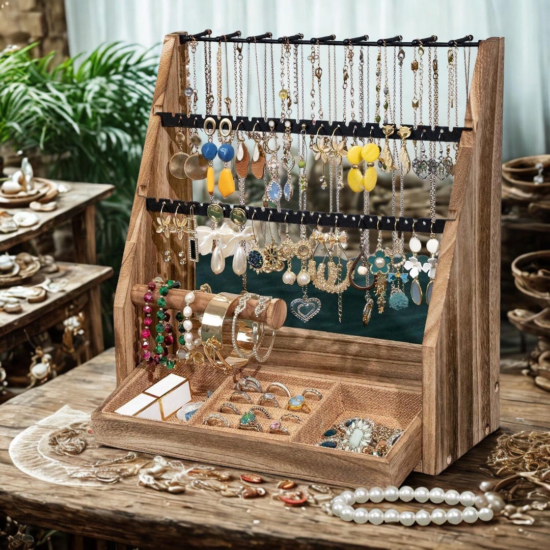Handmade Wooden 5 Layer Earring Holder Organizer With Necklace Holder ...