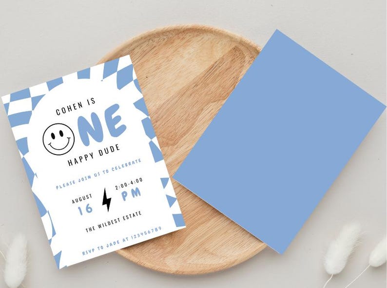 One Happy Dude 1st Birthday Invitation Template | Checkered Smiley Face ...