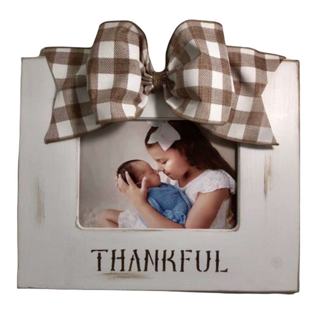 Thankful Super Distressed White Photo Frame With Farmhouse Check Bow ...