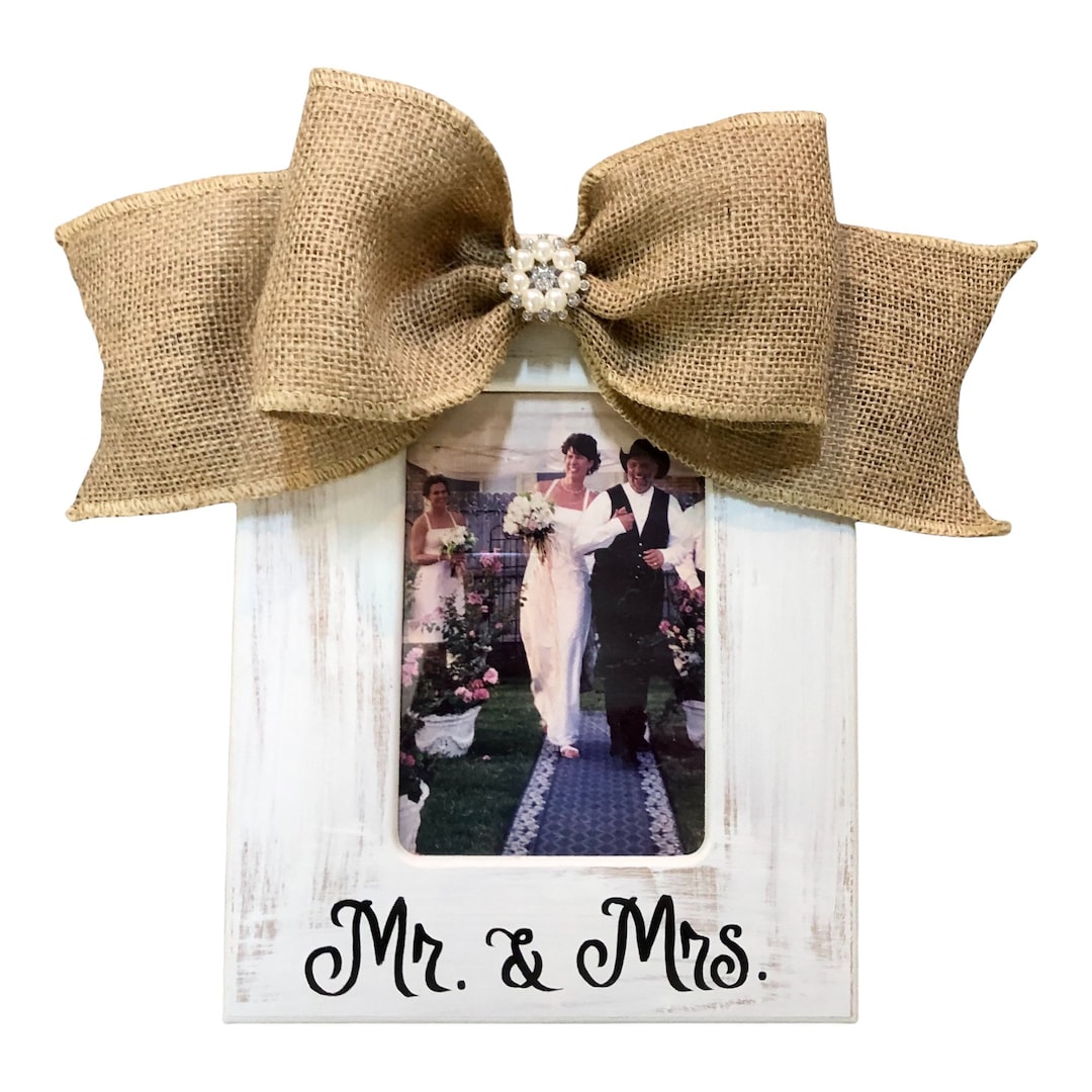 Distressed White Mr. & Mrs. Frame With Burlap Pearl Bow Available in ...