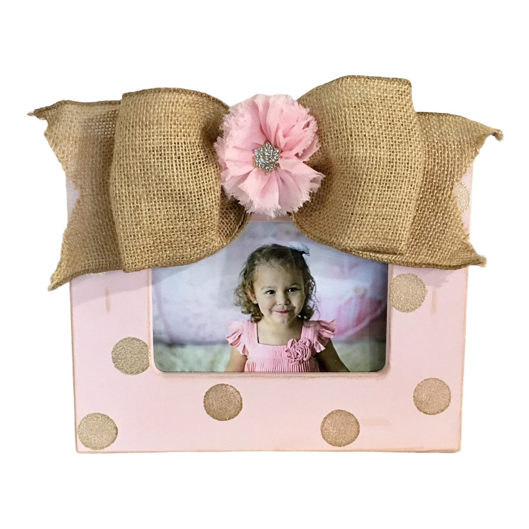 Soft Pink Hand Painted Frame With Champagne Dots and Burlap Jeweled ...