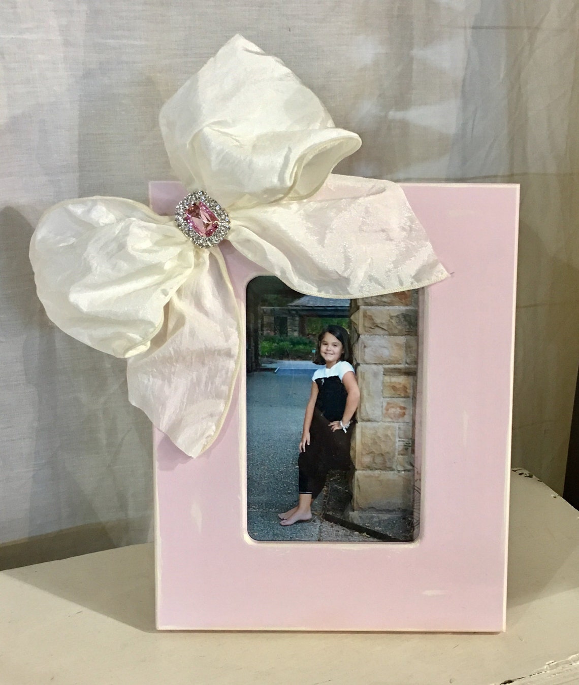 Soft Pink 5x7 Photo Frame With Ivory Jeweled Bow Baby Girl - Etsy