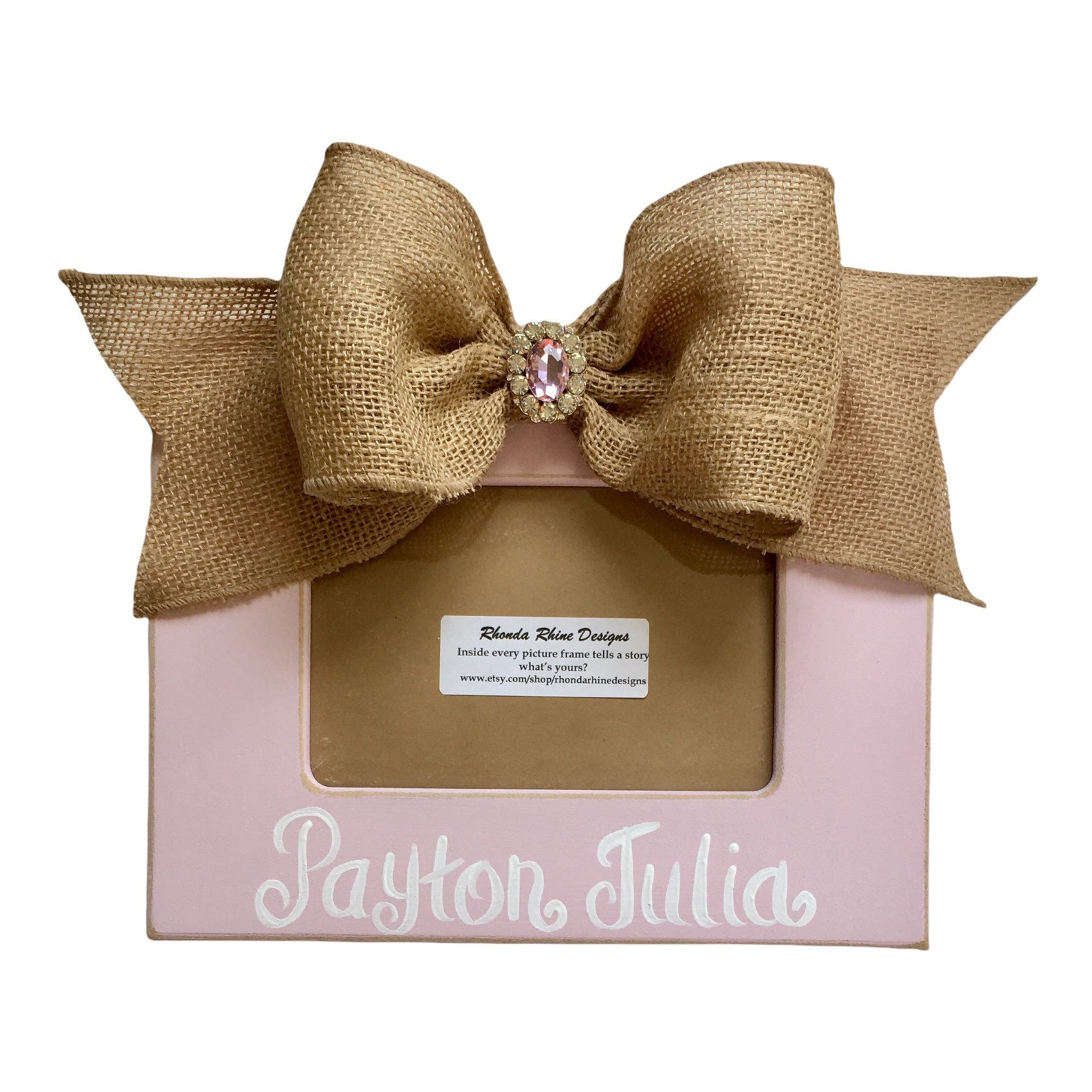 Personalized Hand Painted Frame in Shabby Pink With Burlap Jeweled Bow ...