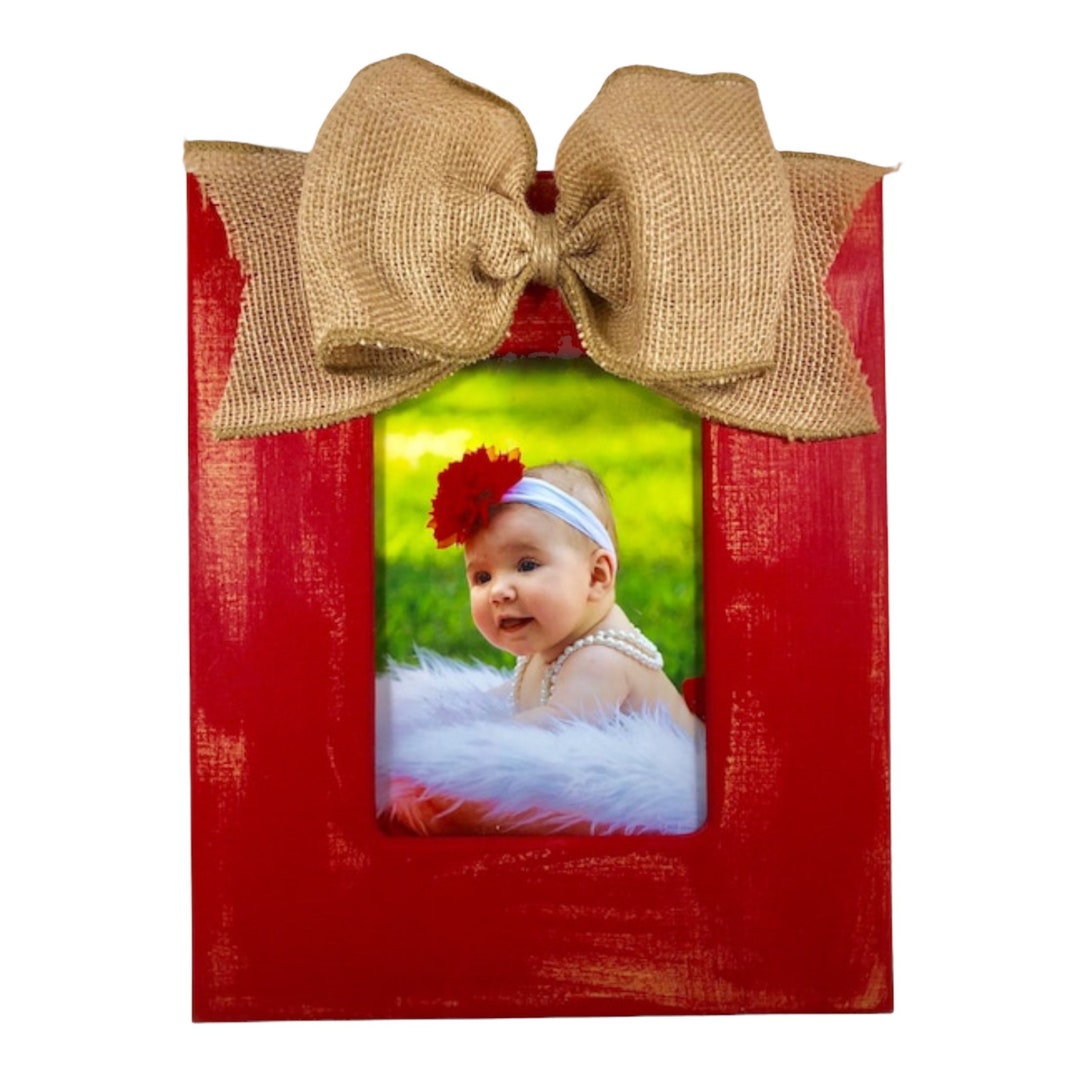 Distressed Red Hand Painted Photo Frame With Burlap Bow Available in ...