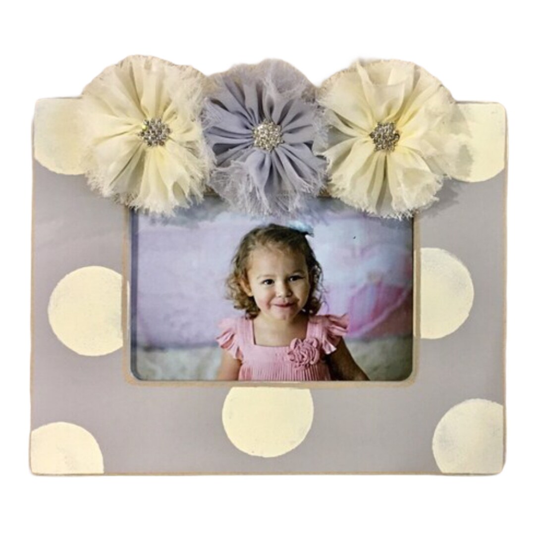 Gray and Ivory Photo Frame With Shabby Jeweled Flowers for Baby Girl ...