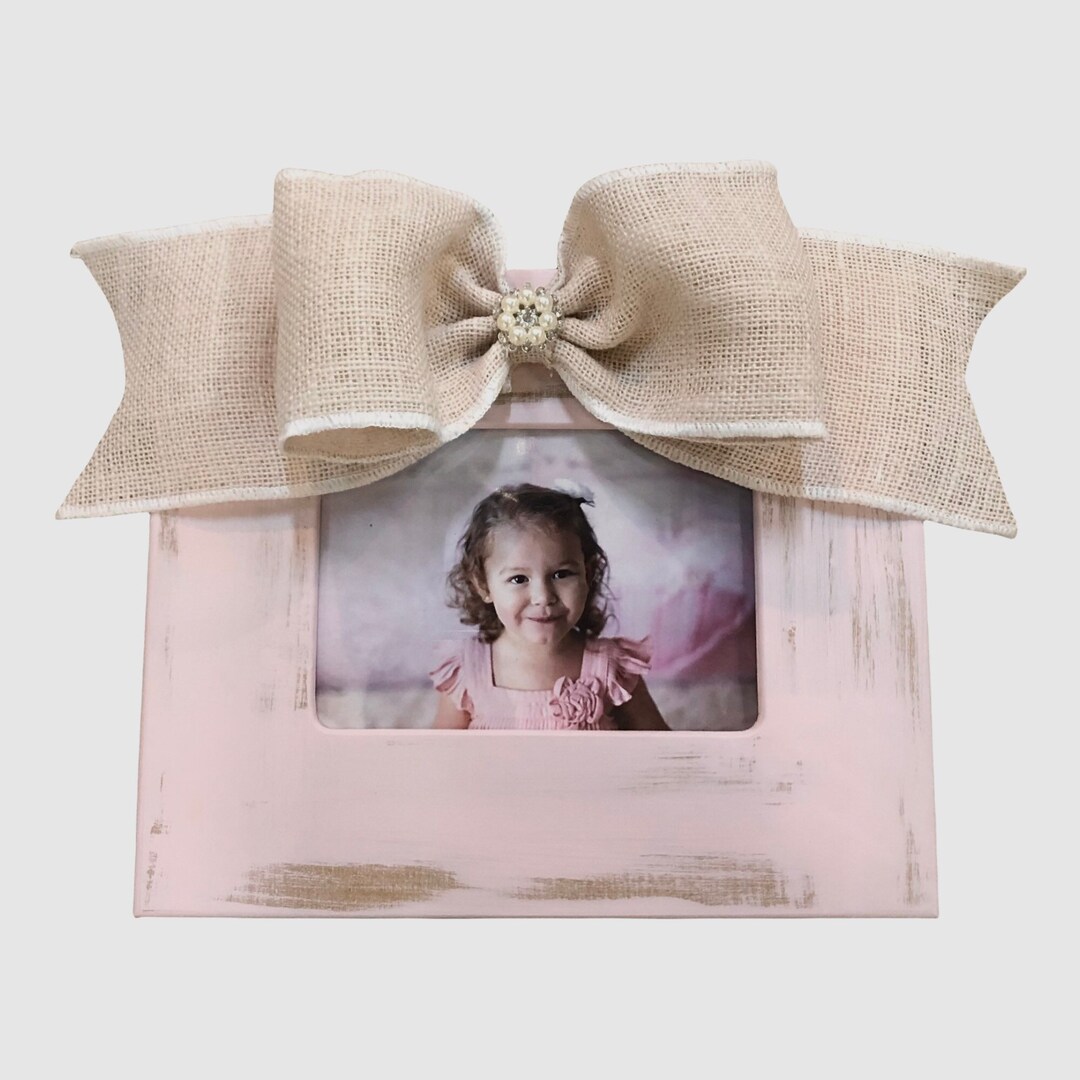 Soft Pink Distressed Frame With Creme Burlap Jeweled Bow Available in ...