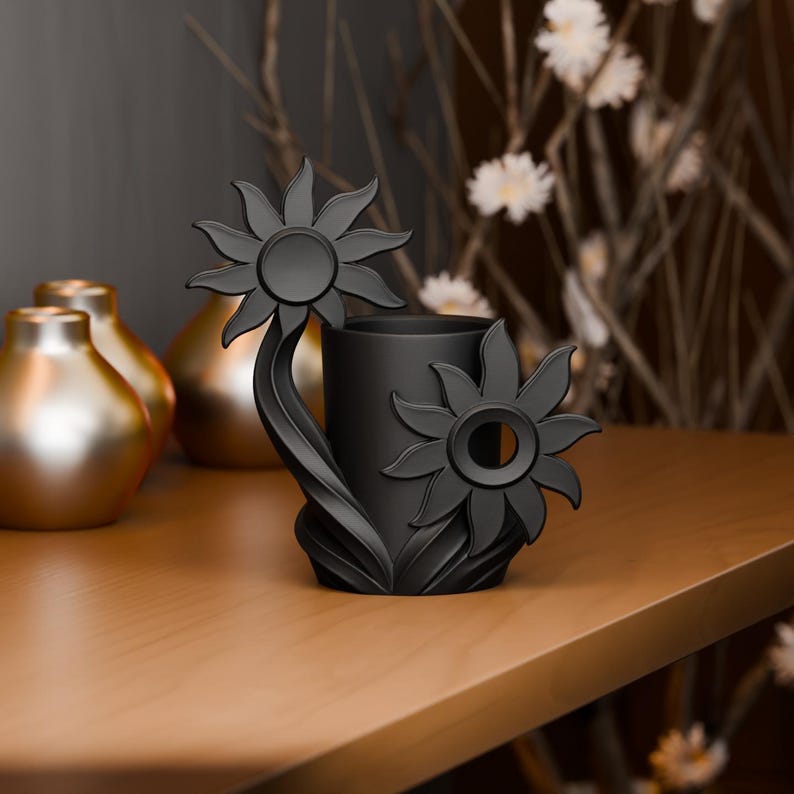 Modern Floral Art Sculpture | 3D Printed Daisy Vase | Black & White - Etsy