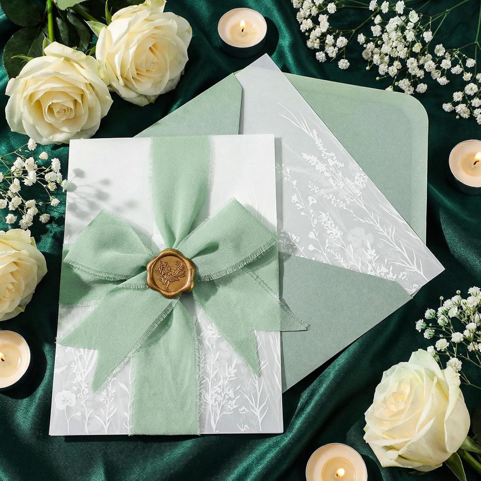 50 Set Wedding Invitation Kit Wedding Vellum Jackets Bulk for 5X7 Sage ...