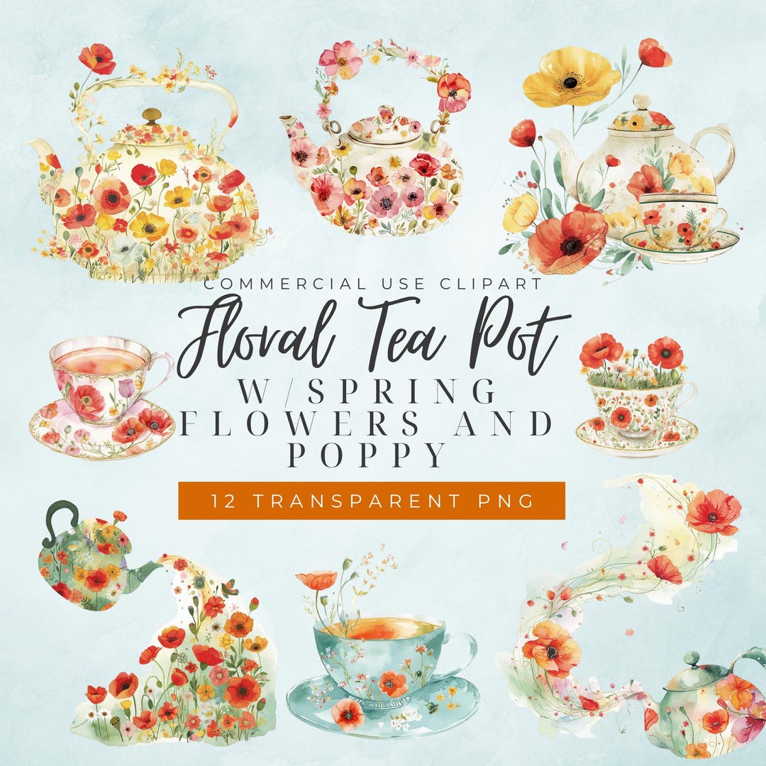 Spring Floral Tea Pot Poppy Watercolor Tea Cup Clipart - Etsy