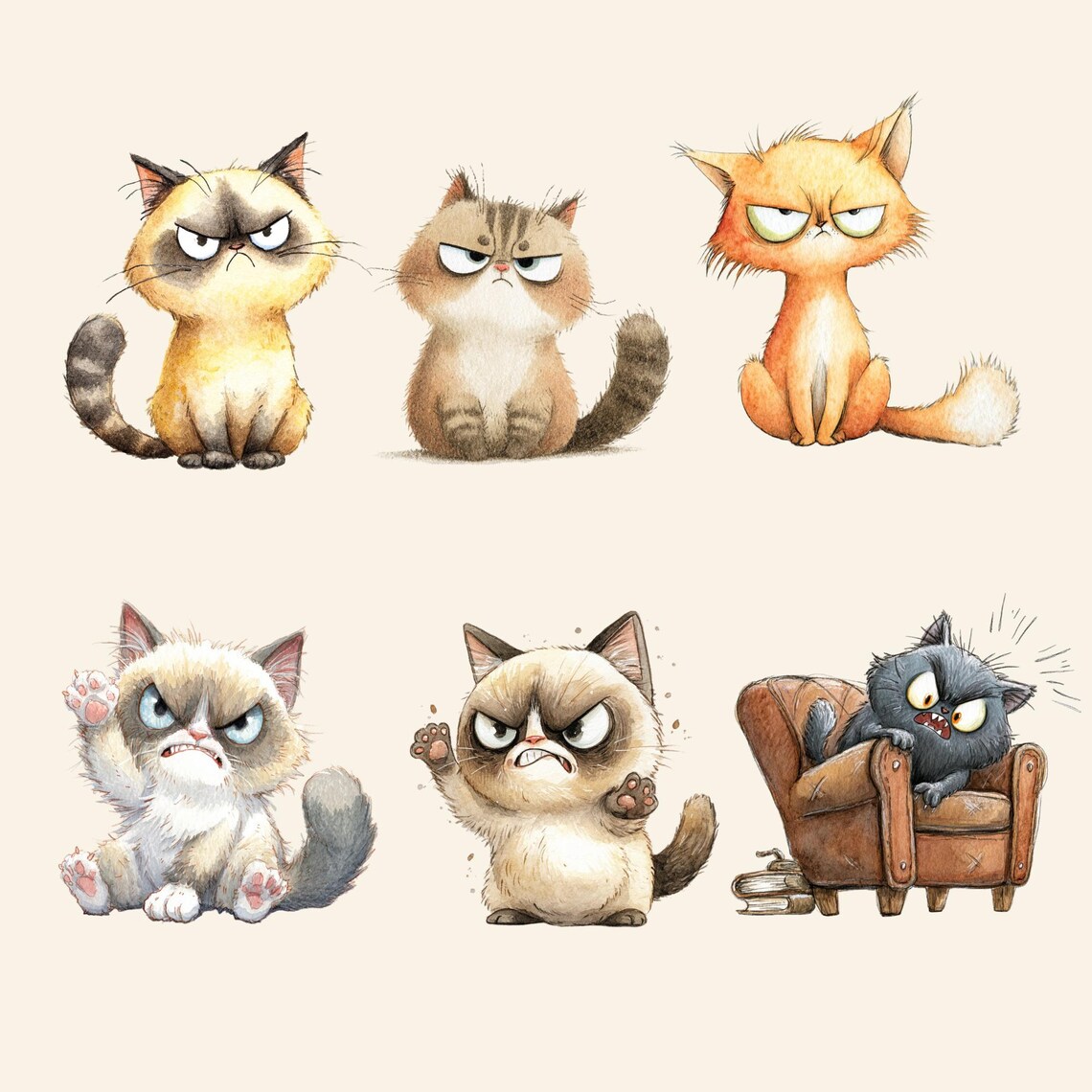 Chibi Angry Cat Watercolor Clipart: Funny Cartoon PNG Bundle - Etsy