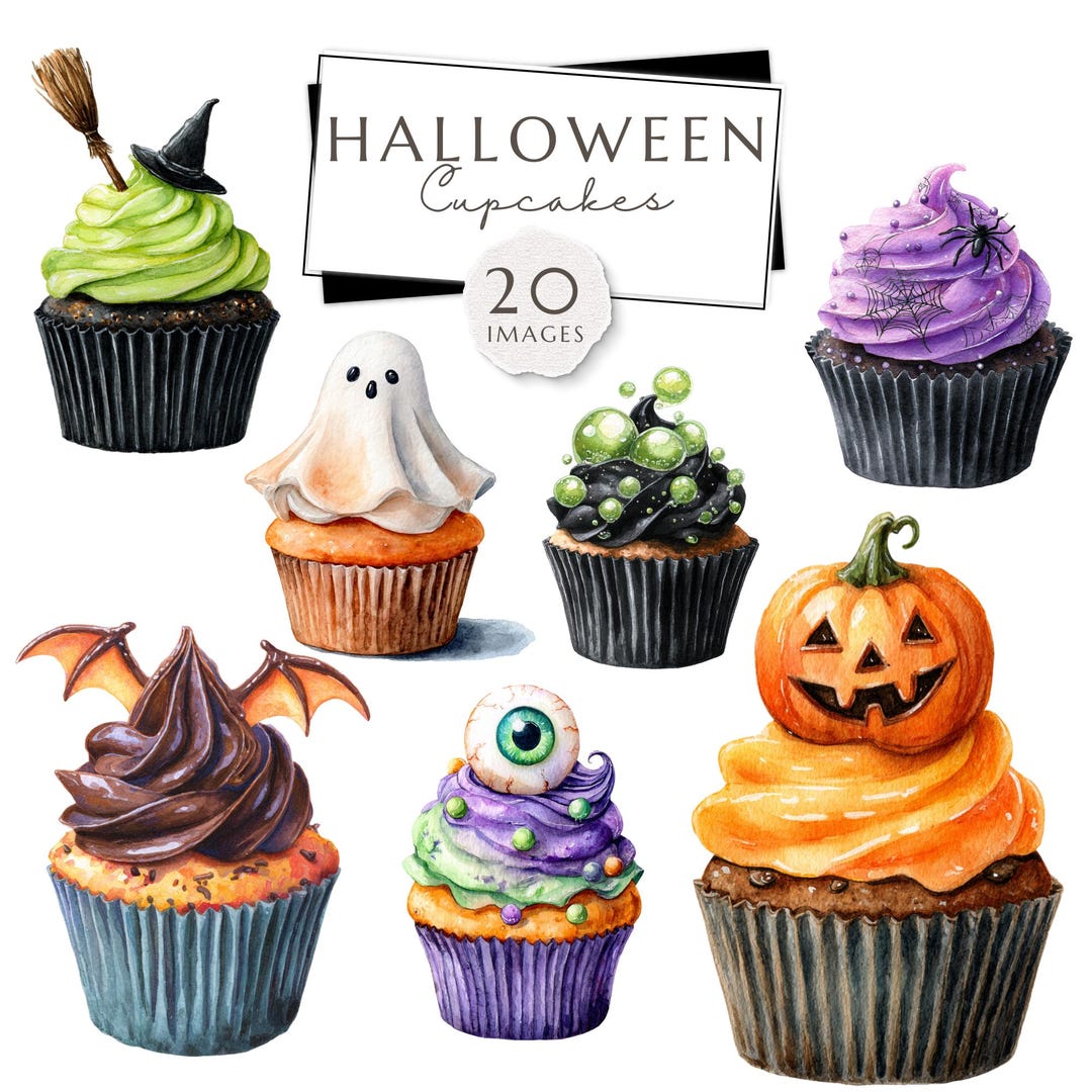 Watercolor Halloween Cupcake Clipart: Hand-drawn PNG Sticker Bundle ...
